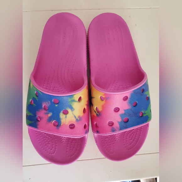 CROCS | Shoes | Crocs Unisex Pink Tiedye Graphic Slide W 9 M 7 | Poshmark